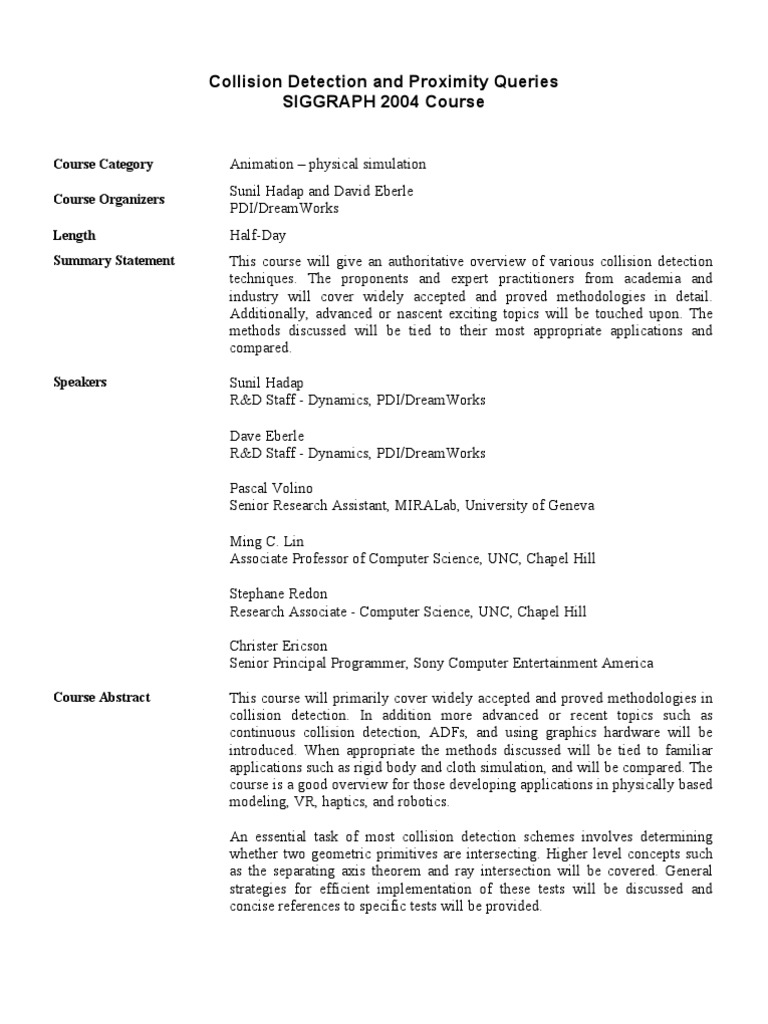 Collision Detection and Proximity Queries, 2004 Course | PDF | Geometry | Areas Of Computer Science