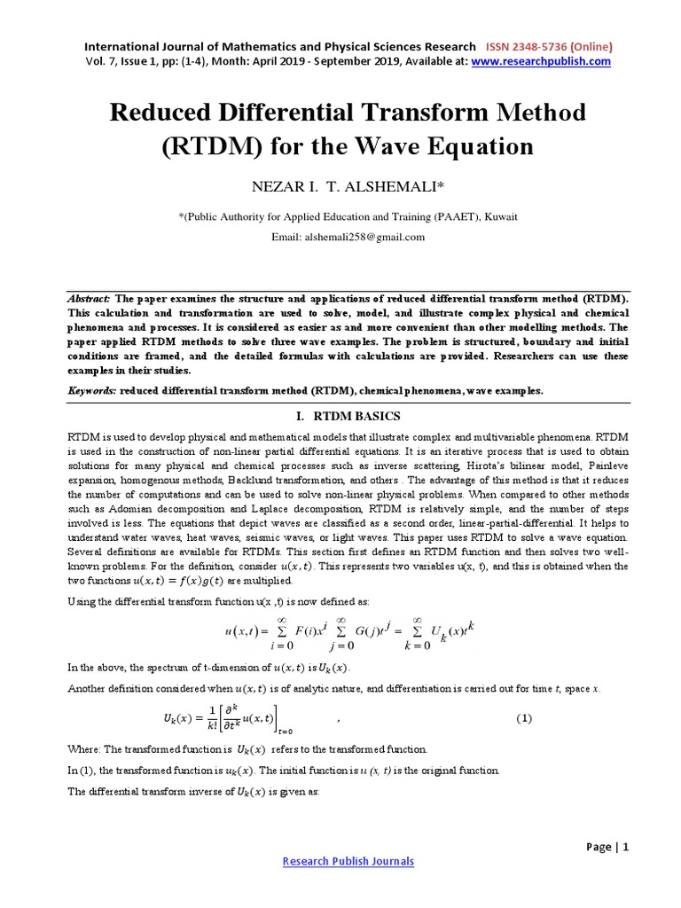 Reduced Differential Transform Method 7361 Pdf Differential
