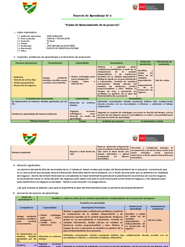 PROYECTO DE APRENDIZAJE CyT 5º | PDF | Aprendizaje | Evaluación