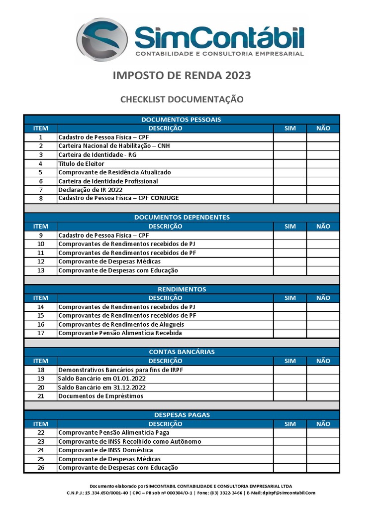 Checklist Irpf Simcontabil 2023 | PDF | Contabilidade | Carteira de ...