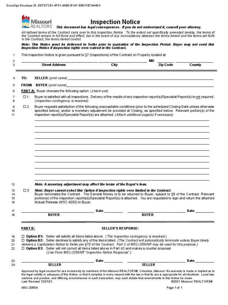 MSC-2050N Inspection Notice | Download Free PDF | Business Law | Common Law