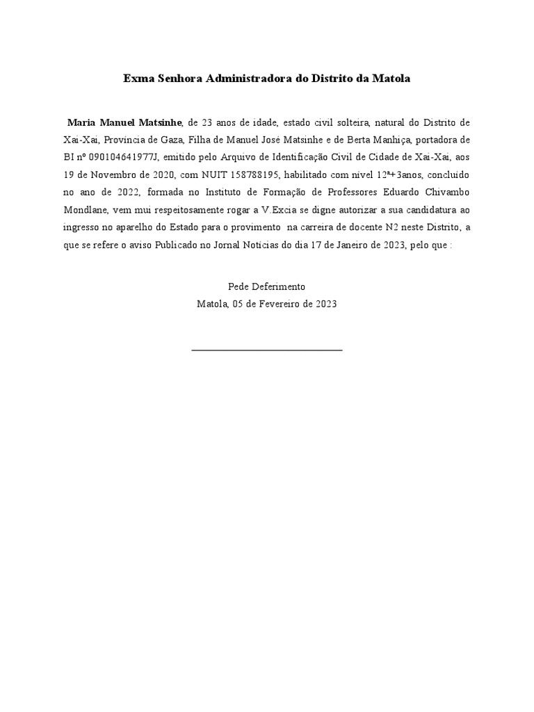 Exma Senhora Administradora Do Distrito Da Matola | PDF