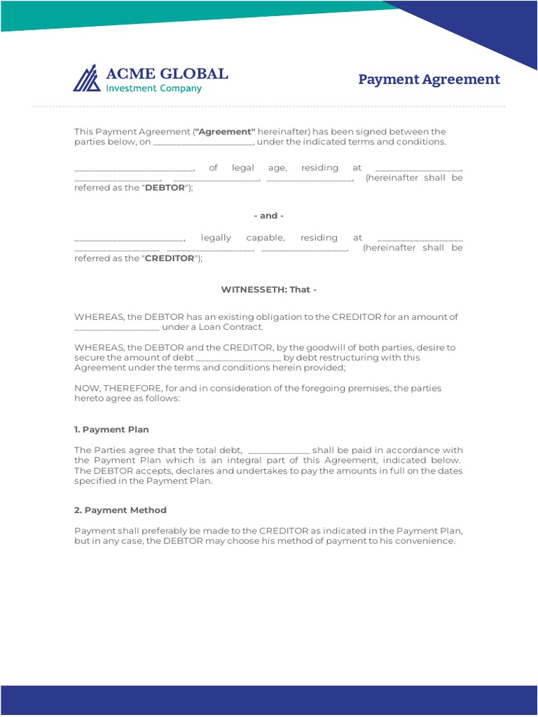 Payment Agreement | PDF | Debtor | Payments
