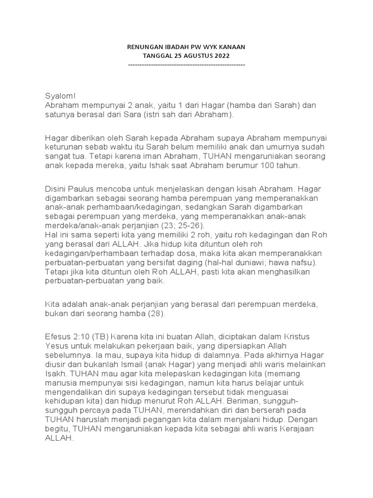 Renungan Ibadah PW Wyk Kanaan | PDF