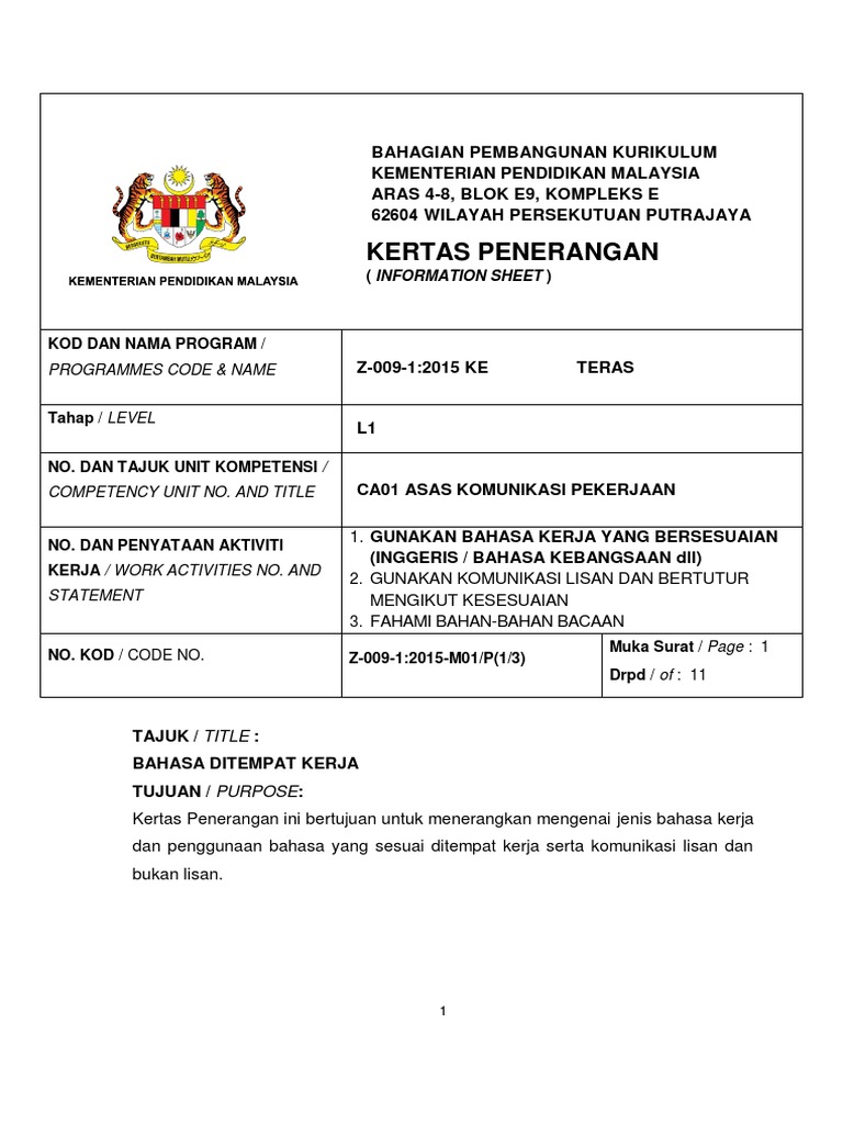 KP KT L1 Ca01 KP1 Bahasa Kerja | PDF