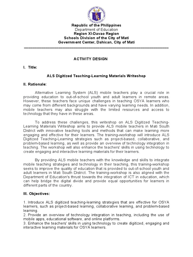 ALS Digitized Teaching-Learning Materials Writeshop | PDF | Learning ...