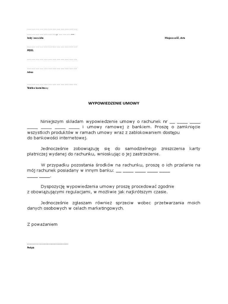 Wypowiedzenie Umowy o Konto | PDF