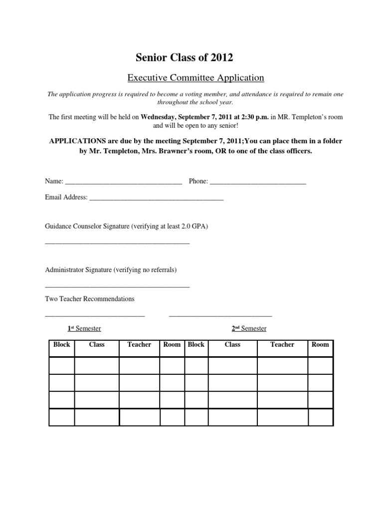 Senior Class of 2012: Executive Committee Application | PDF | Prom ...