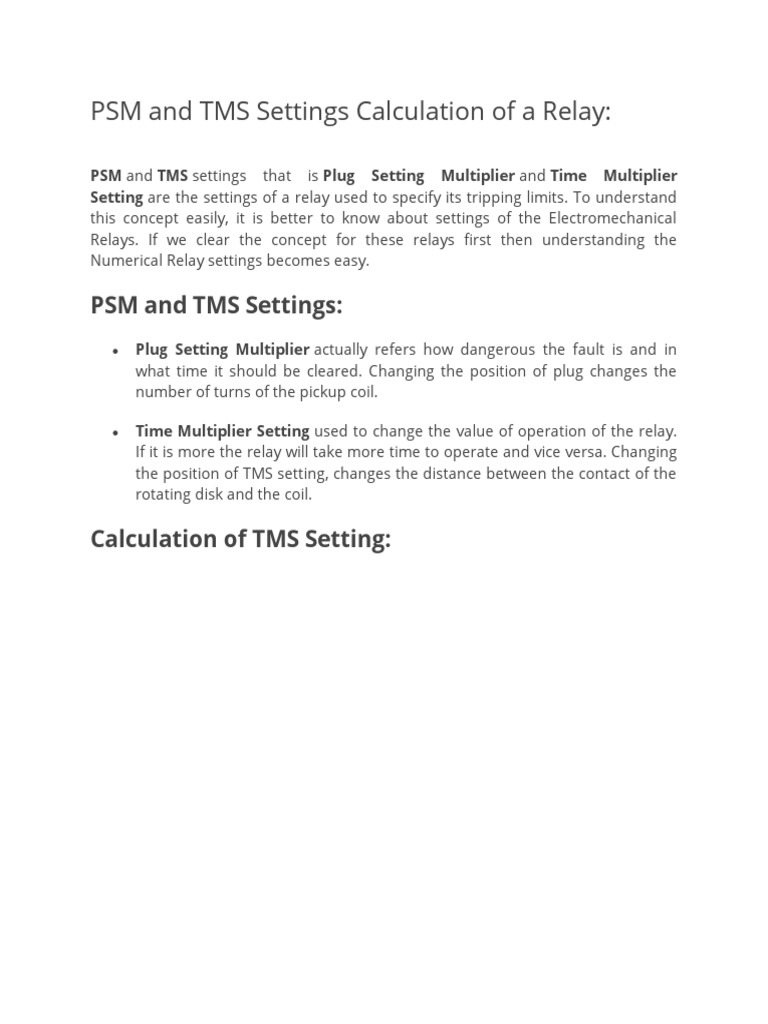PSM and TMS Settings Calculation of A Relay | PDF | Relay | Transformer