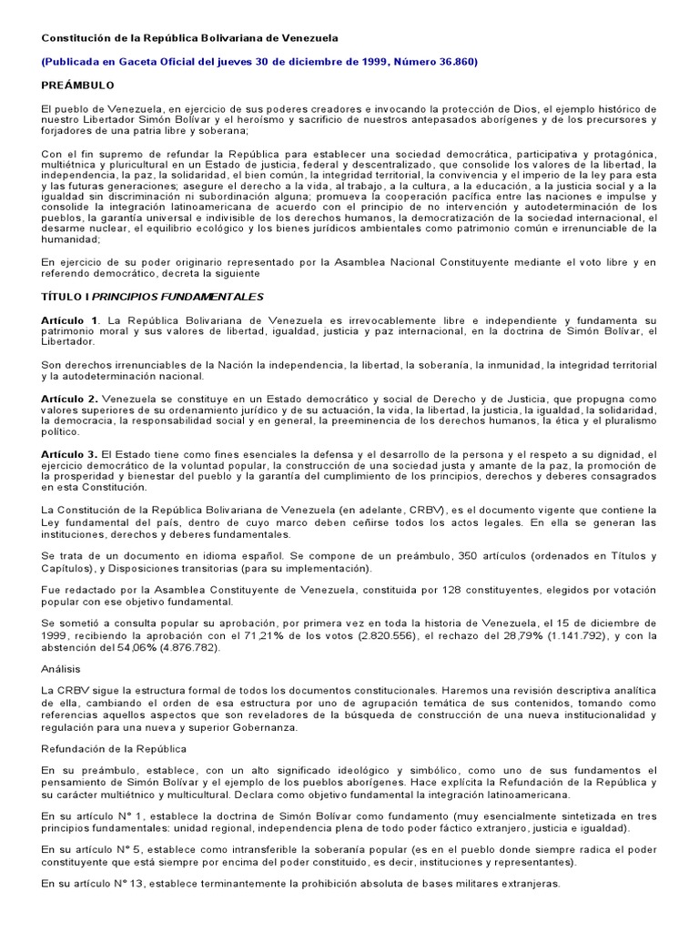 Constitución de La República Bolivariana de Venezuela | PDF ...