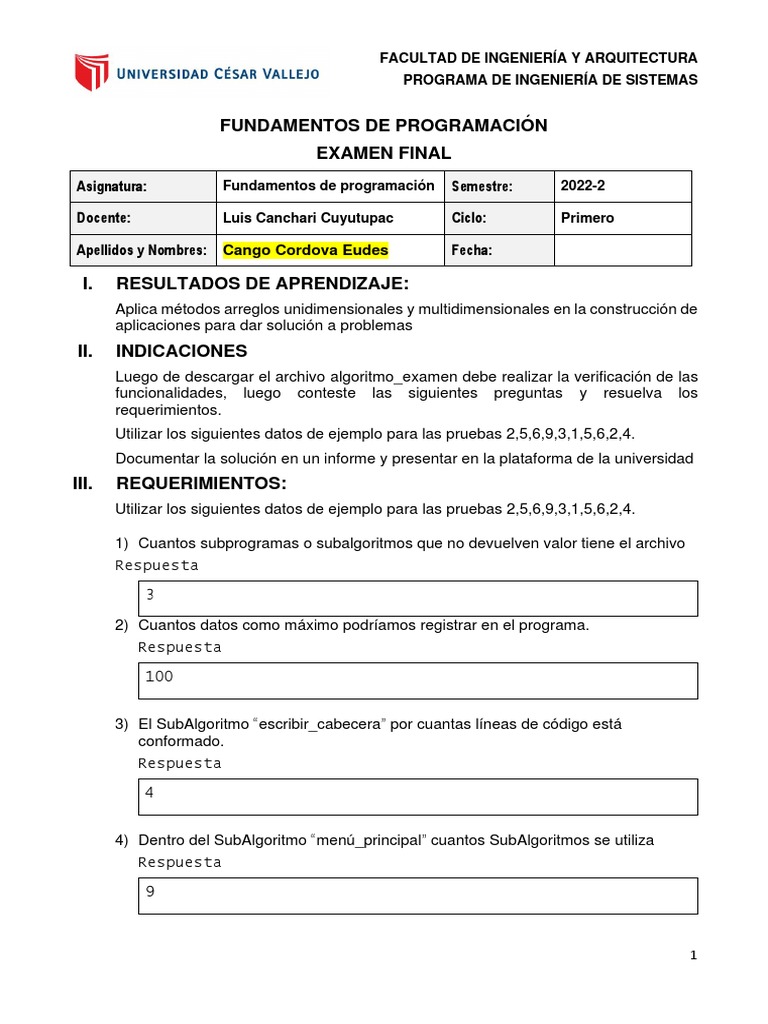 Examen Final Fundamentos - 1 | Descargar gratis PDF | Algoritmos ...