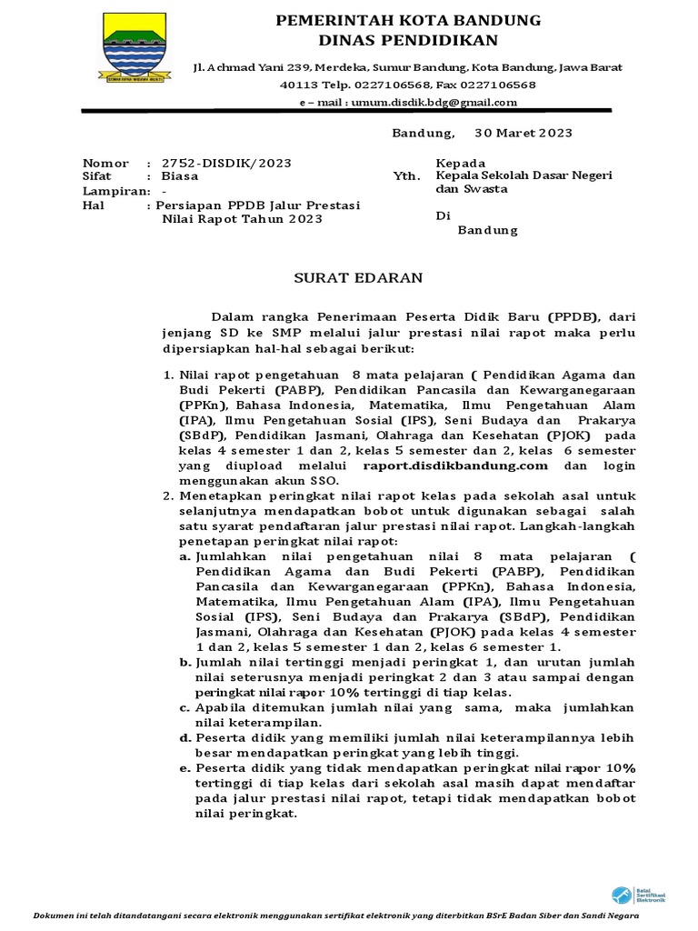 Surat Edaran PPDB Jalur Prestasi Nilai Rapot Tahun 2023 PDF | PDF Surat Edaran PPDB Jalur Prestasi Nilai Rapot Tahun 2023 PDF | PDF