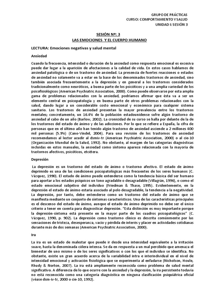 Sesión Nº: 3 Las Emociones Y El Cuerpo Humano LECTURA: Emociones Negativas y Salud Mental ...