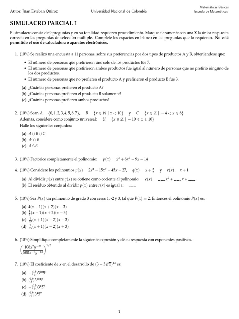 Simulacro Primer Parcial de MB (Con Respuestas) | PDF | Objetos matemáticos | Matemática Elemental