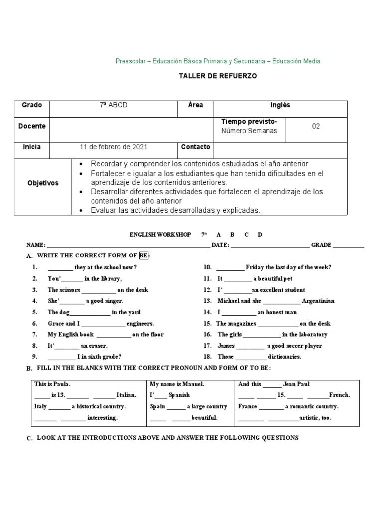 TALLER REPASO Reinforcement Workshop 7h ABCD 2021 | PDF | Linguistics