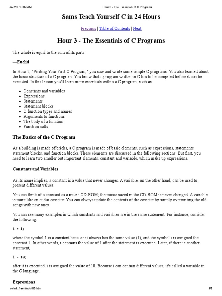 Hour 3 - The Essentials of C Programs | PDF | Parameter (Computer Programming) | Integer ...