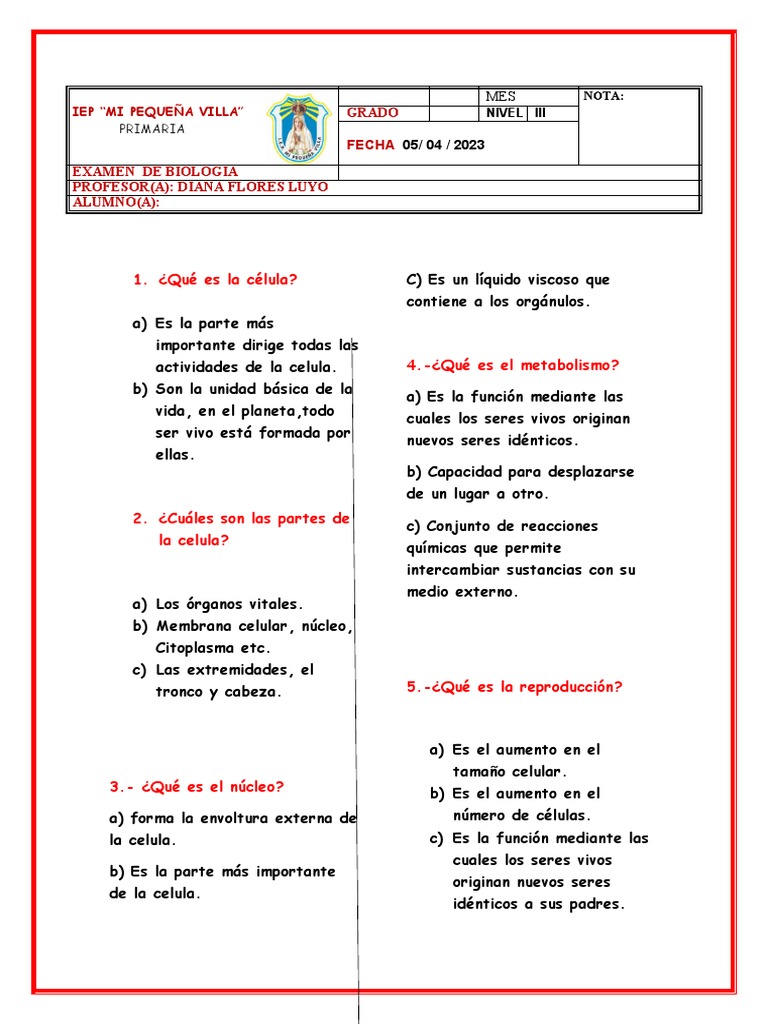 ¿Qué Es La Célula?: Grado Fecha Examen de Biologia Profesor (A) : Diana ...