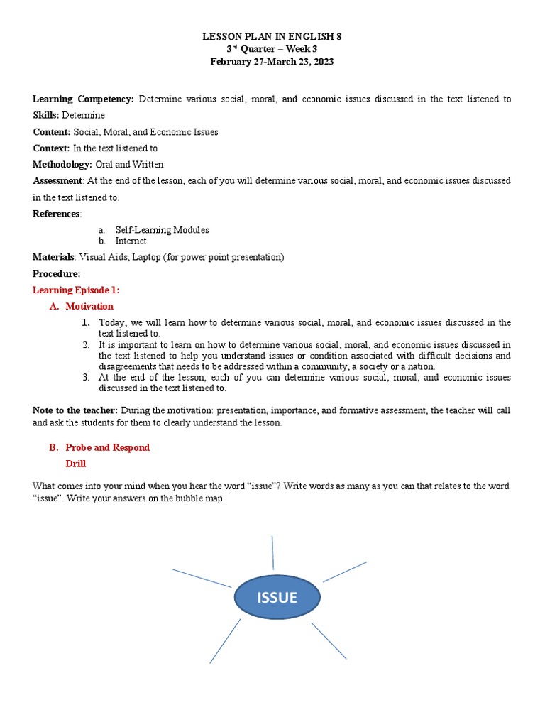 English 8 Lesson Plan: Social Issues | PDF | Mental Disorder ...