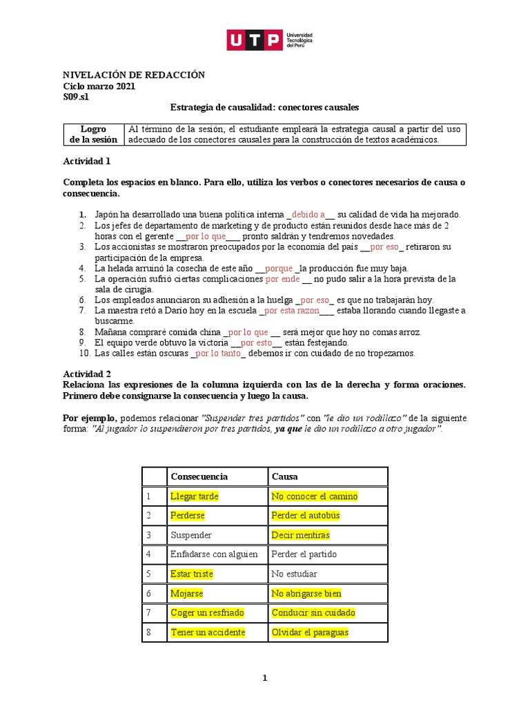 S09.s1 - Resolver Ejercicios - Conectores Causales | PDF