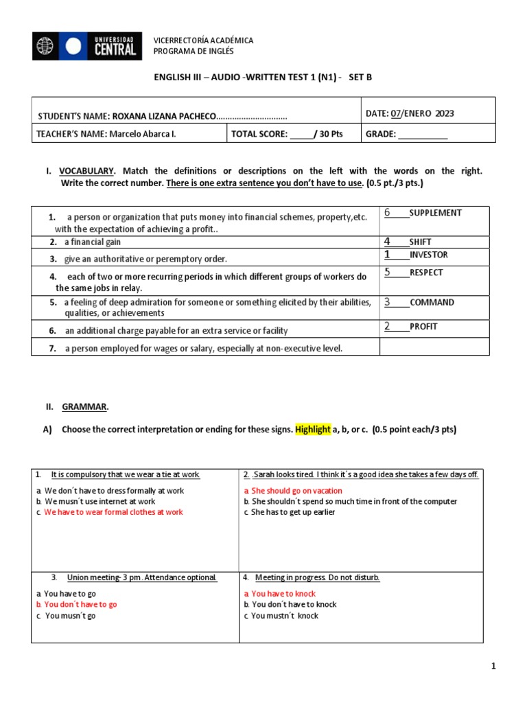 English III - Audio - Written Test 1 | PDF