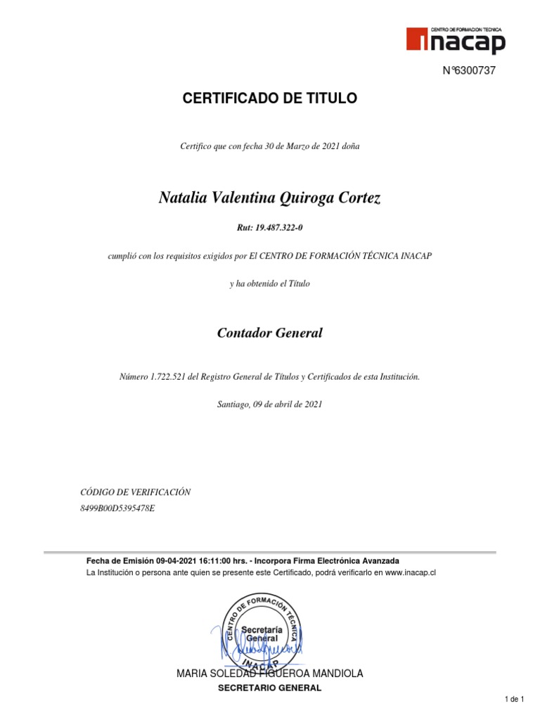 Natalia Valentina Quiroga Cortez: Certificado de Titulo | PDF