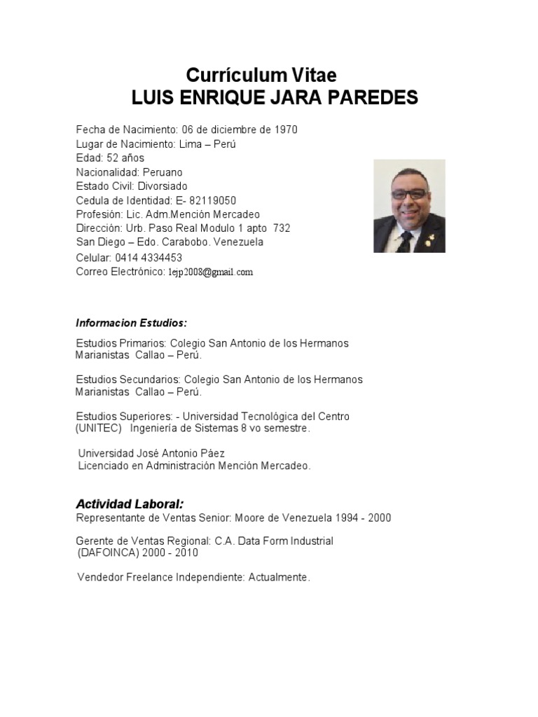 Currículum Vitae Luis Enrique Jara Paredes: Actividad Laboral | PDF
