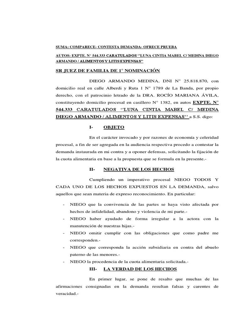 Modelo de Contestacion de Demanda de Alimentos | PDF | Justicia ...