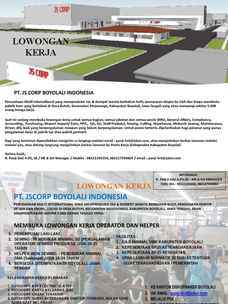 Lowongan Kerja PT JS Corp Boyolali | PDF
