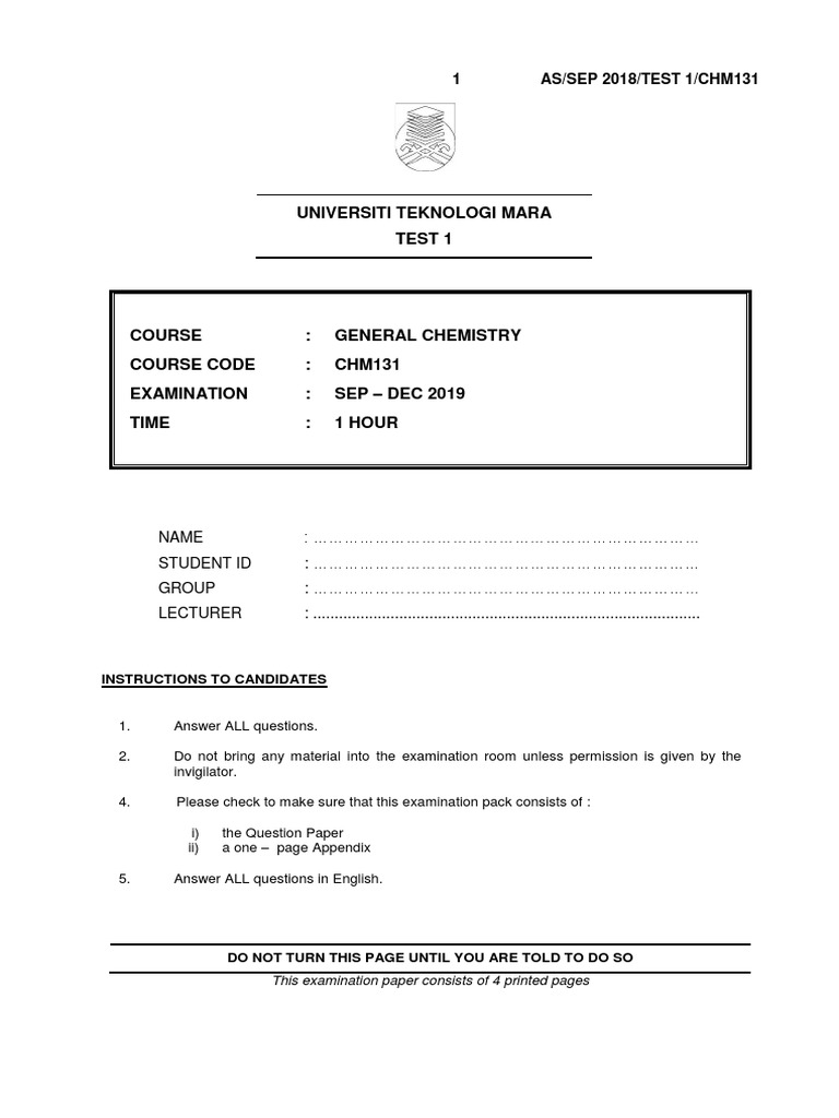 Test 1 Latihan Pdf Chlorine Silicon
