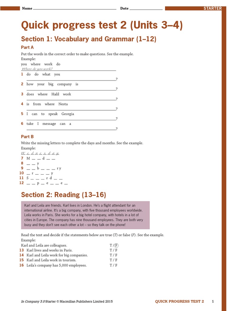 In Company 3.0 Starter Quick Progress Test 2 | PDF