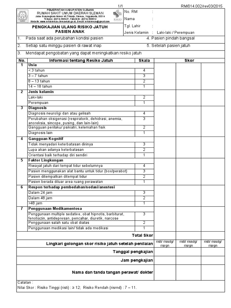 Pengkajian Pasien Resiko Jatuh Anak Rev03.01 | PDF