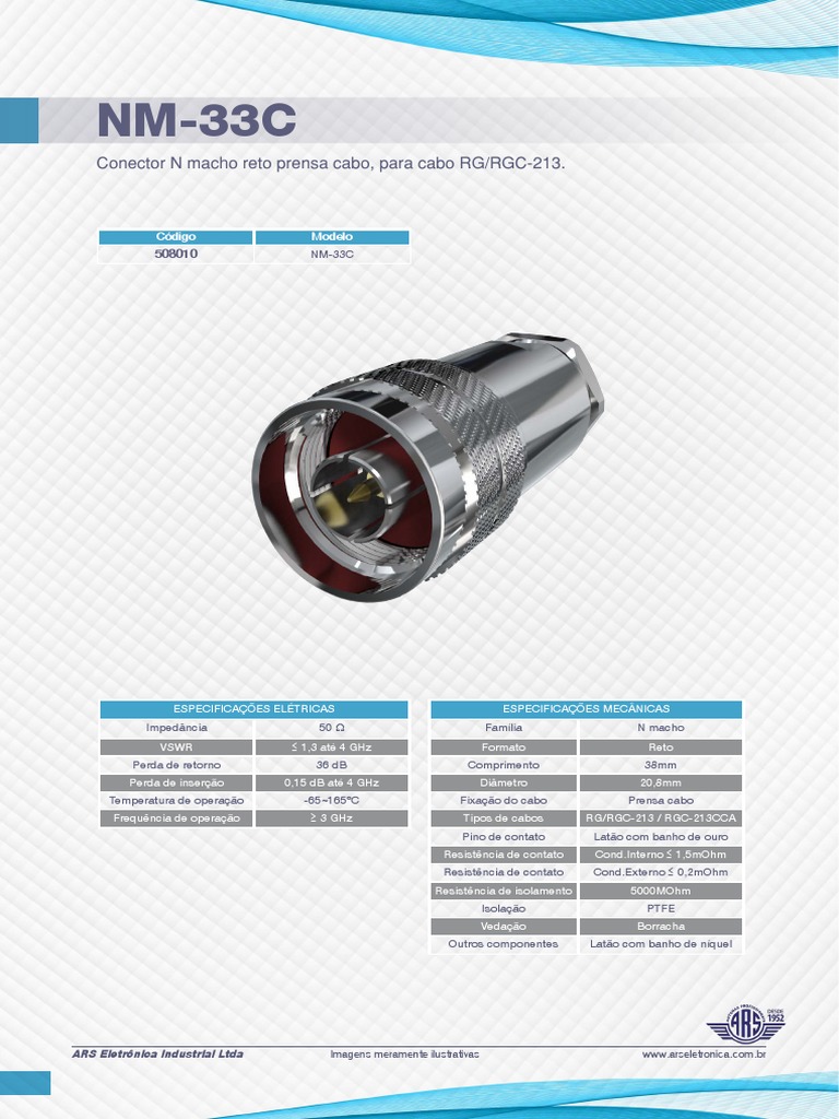 Conector N Macho Reto Prensa Cabo, para Cabo RG/RGC-213.: ARS Eletrônica Industrial Ltda | PDF