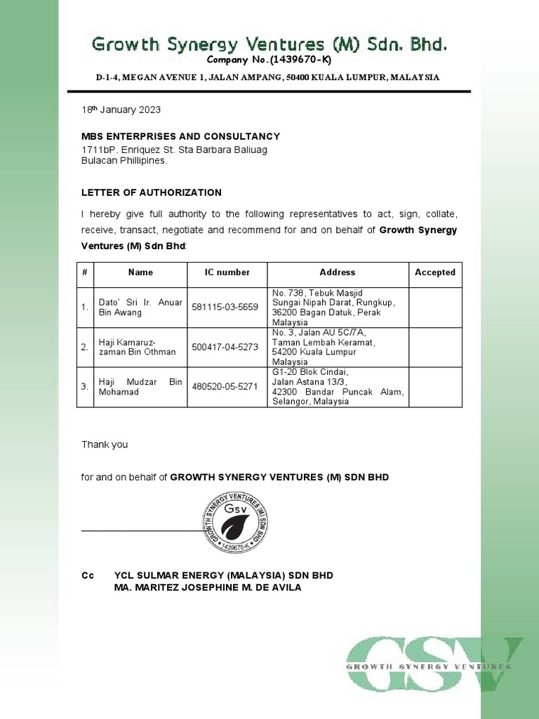 GSV Authorization Letter 2 - DS Anuar Awang | PDF