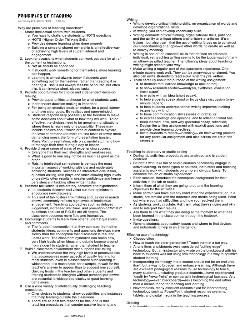 Principles of Teaching | PDF | Rubric (Academic) | Learning