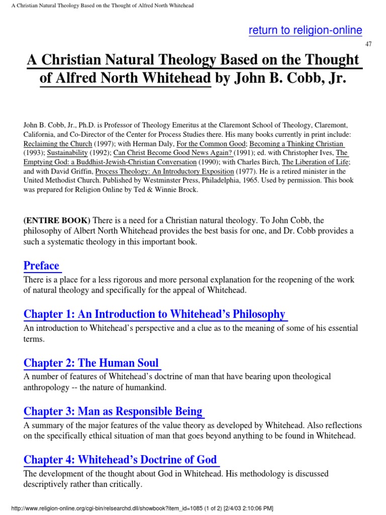 A Christian Natural Theology Based On The Thought of Alfred North Whitehead by John B. Cobb, JR ...