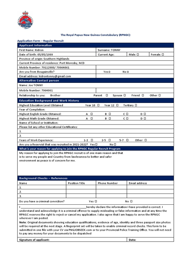 Applicant Information: The Royal Papua New Guinea Constabulary (RPNGC) Application Form ...