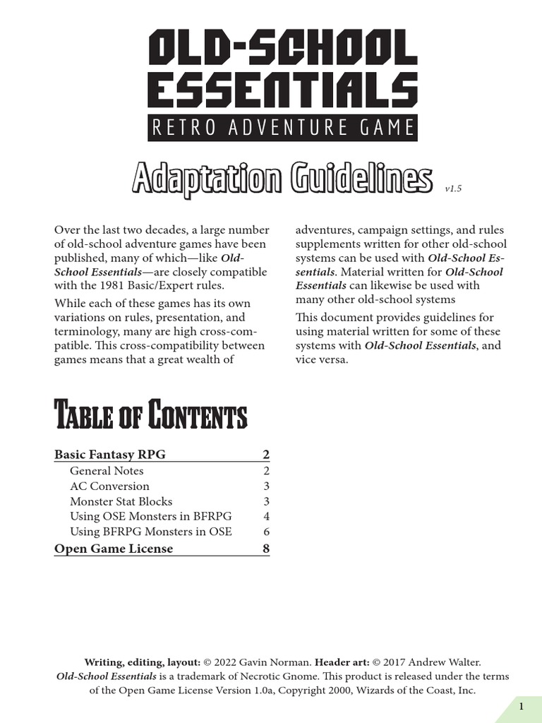 Old-School Essentials - Adaptation Guidelines v1-5 | PDF | Copyright ...