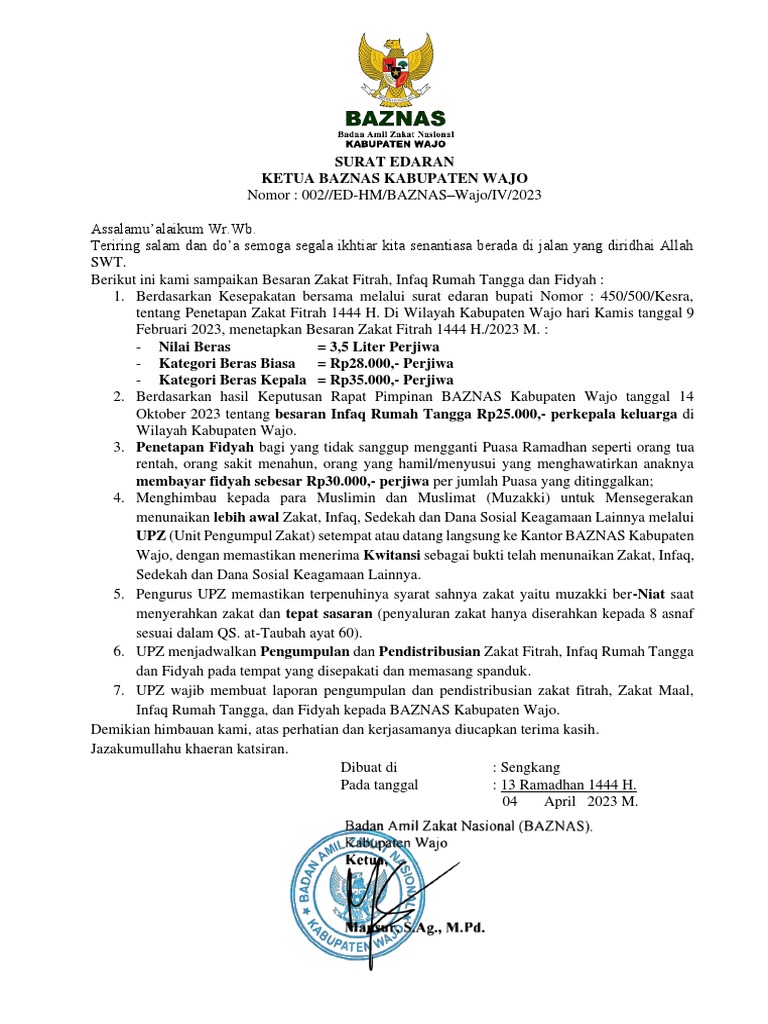 002 Surat Edaran Baznas Kabupaten Wajo Tentang Penetapan Zakat Fitrah Infaq Dan Fidyah Tahun ...