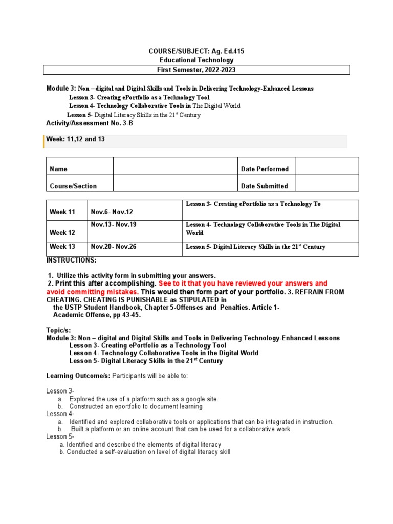 Module 3 Lessons 3 4 and 5tech - Activity and Assessments | Download ...