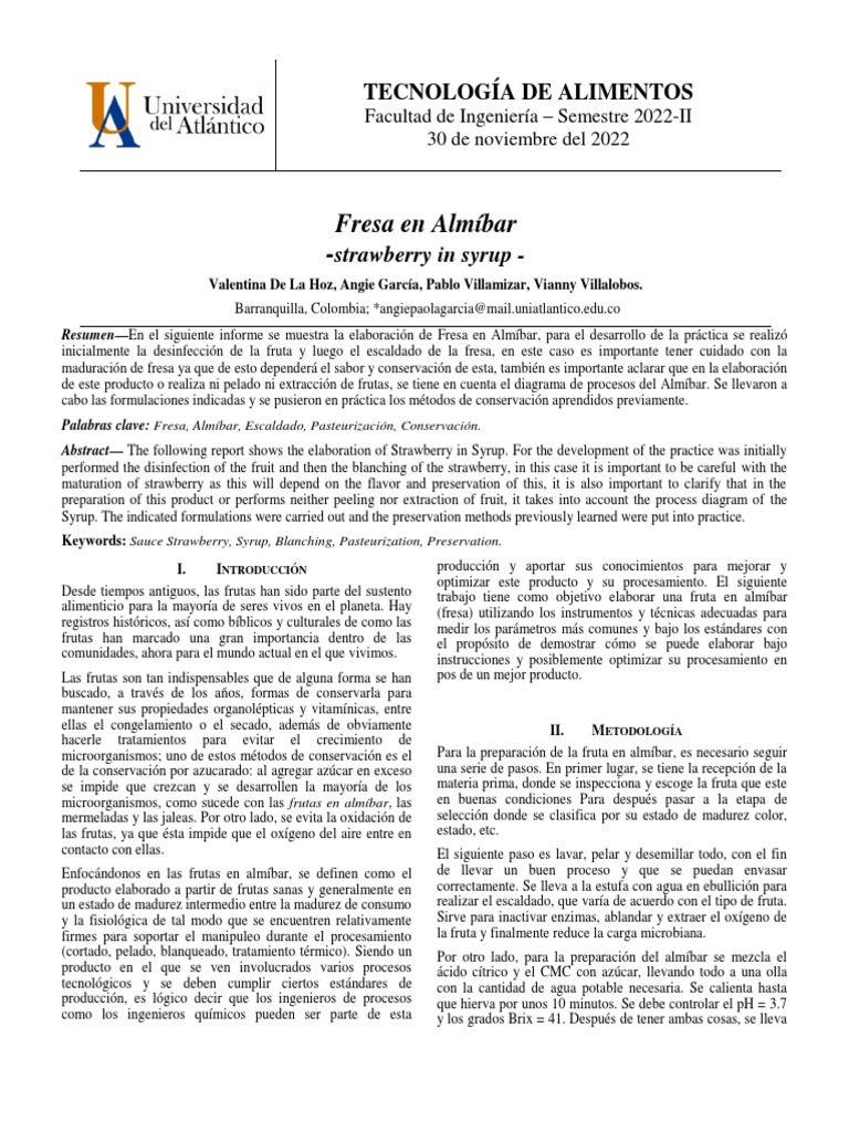Elaboración de Fresa en Almíbar | PDF | Agua | Química