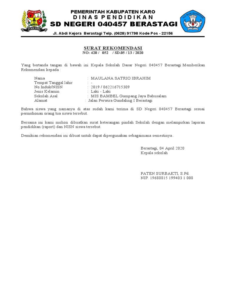 Surat Rekomendasi Mutasi Masuk | PDF