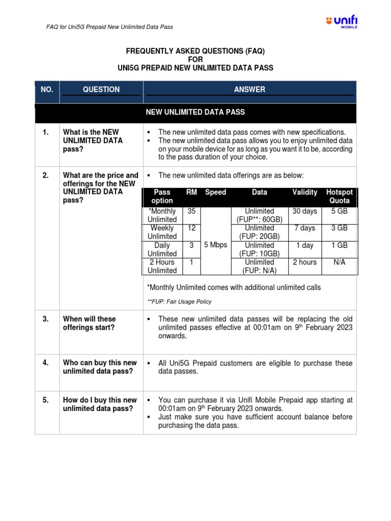 FAQ - Unifi Mobile Prepaid New Unlimited Pass - Final 9 Feb | PDF | Prepaid Mobile Phone | Roaming