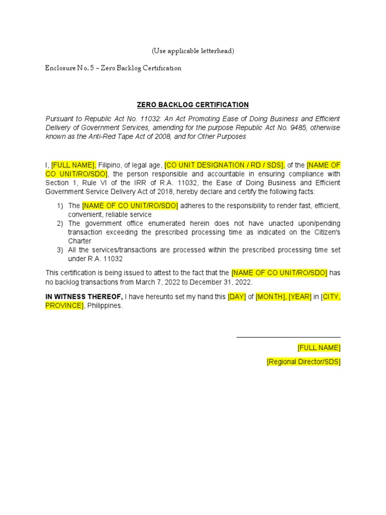 Zero Backlog Certification | PDF