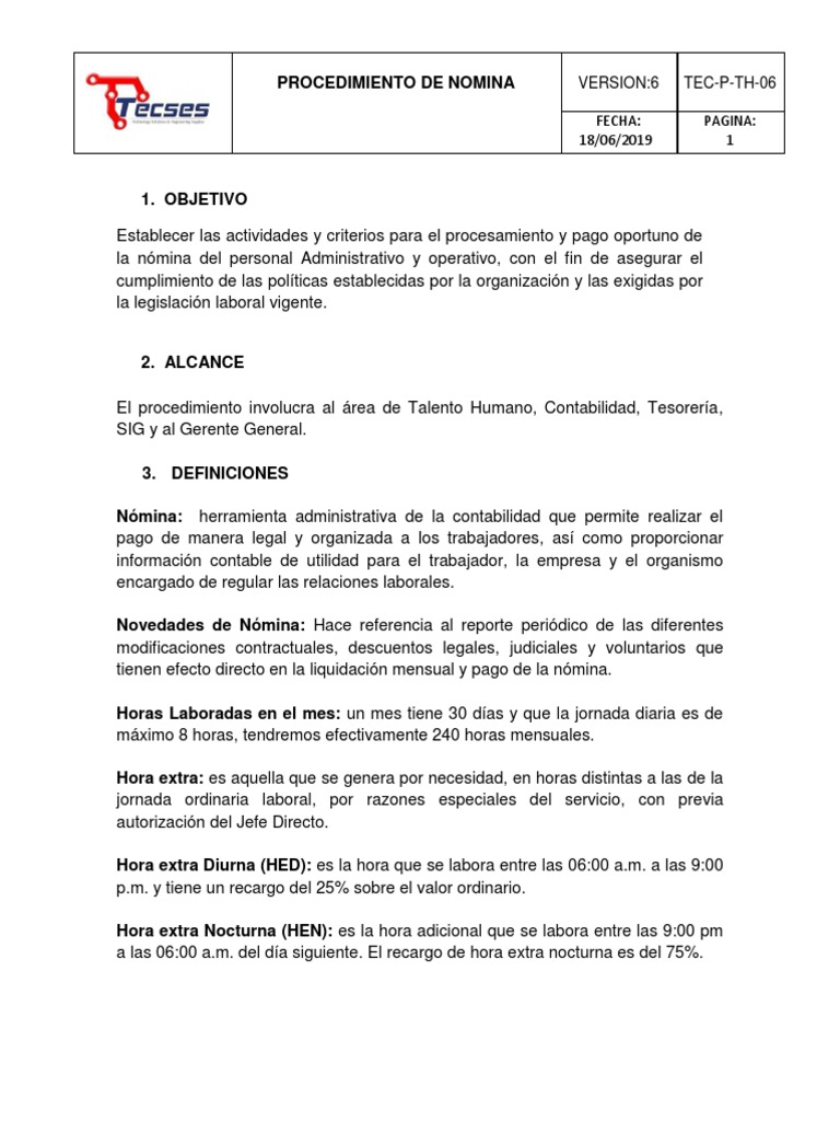 Procedimiento de Nomina | PDF