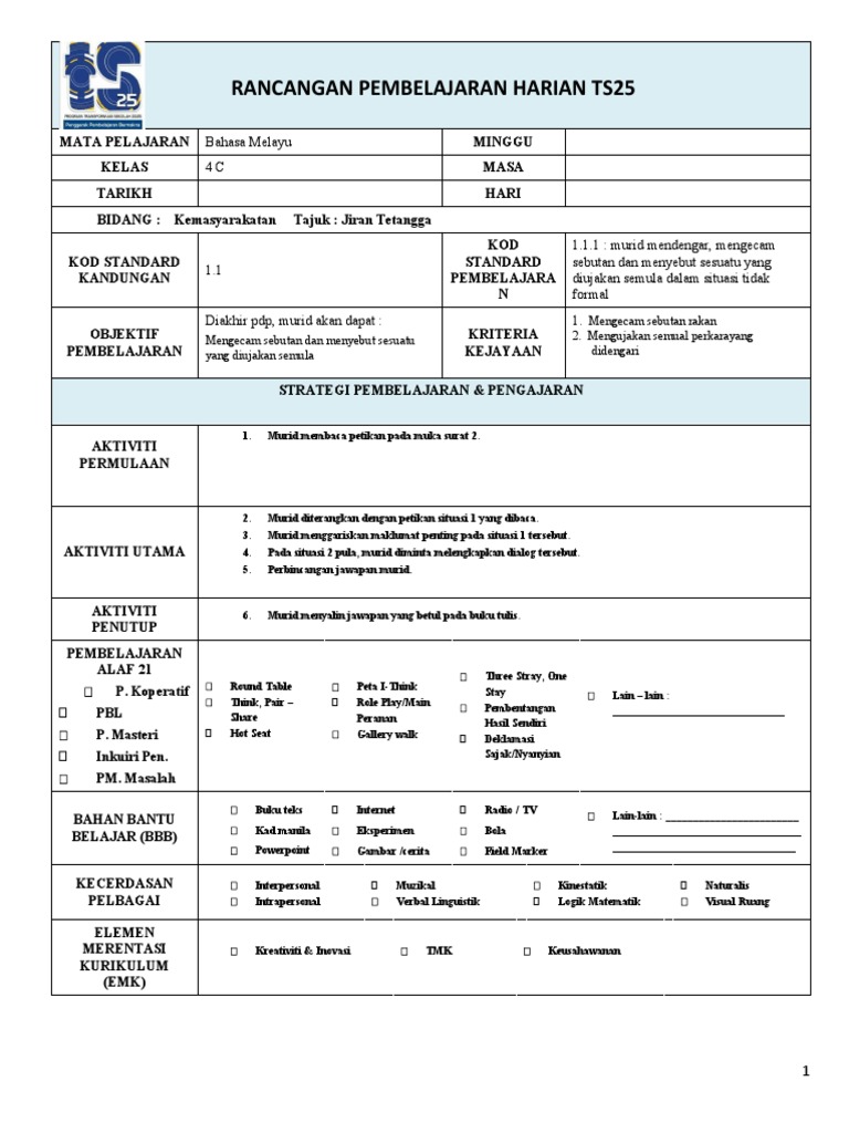 RPH BM Tahun 4 KSSR Semakan Unit 1 Jiran Tetangga | PDF