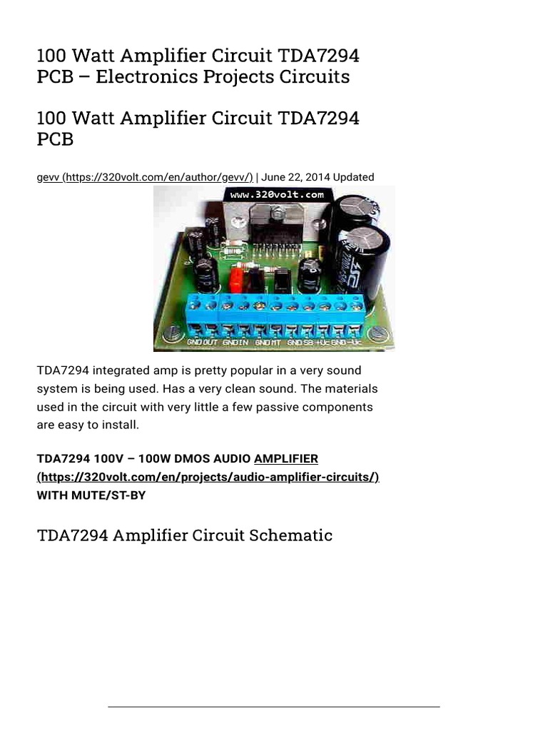 100 Watt Amplifier Circuit TDA7294 PCB - Electronics Projects Ci | PDF | Technology & Engineering