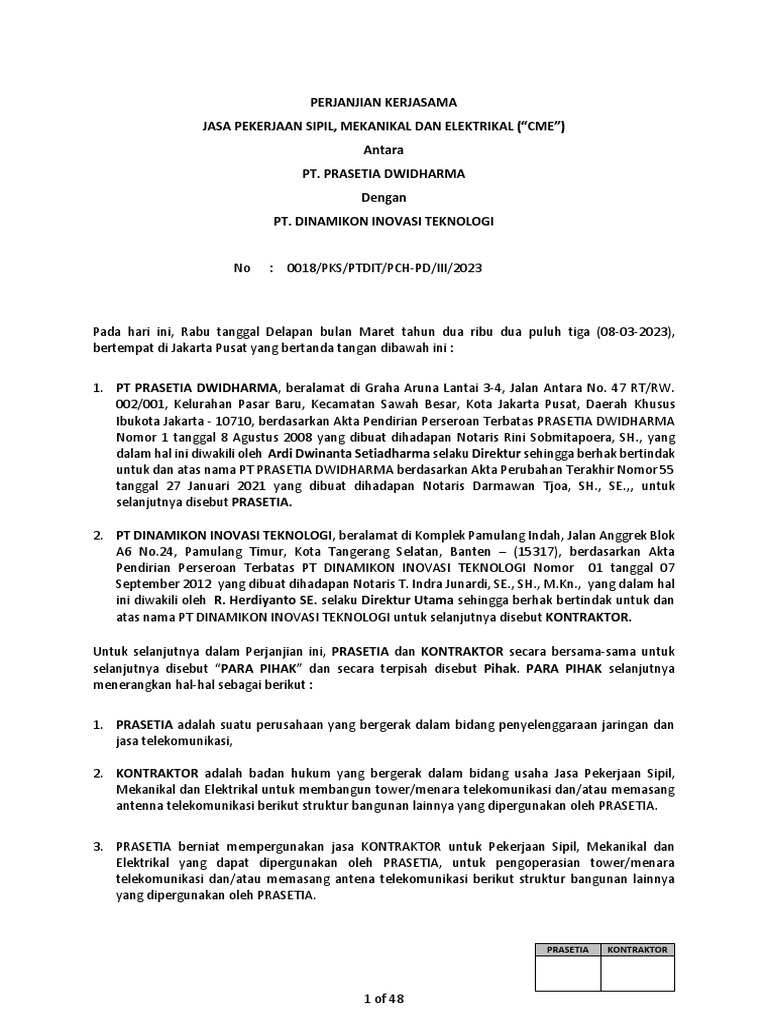 CME SERVICE AGREEMENT BETWEEN PT PRASETIA DWIDHARMA AND PT DINAMIKON ...