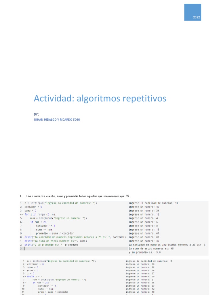 Actividad: Algoritmos Repetitivos: Johan Hidalgo Y Ricardo Sojo | PDF