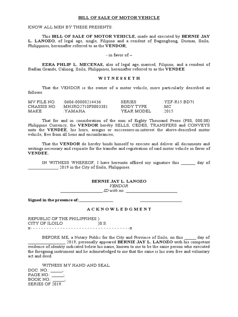 Bill of Sale of Motor Vehicle | PDF | Document | Common Law