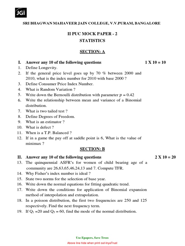 Mock Paper 2 Statistics | PDF | Cost Of Living | Variance